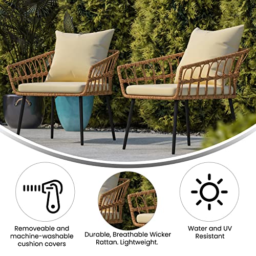 BizChair Evin Set of 2 Boho Indoor/Outdoor Rope Rattan Wicker Patio Chairs with Cream All-Weather Cushions, Natural