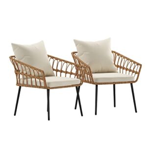 BizChair Evin Set of 2 Boho Indoor/Outdoor Rope Rattan Wicker Patio Chairs with Cream All-Weather Cushions, Natural