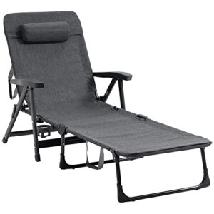 outsunny outdoor folding chaise lounge chair, mesh fabric pool chair with adjustable backrest, pillow and cup holder for poolside, deck, and backyard, grey