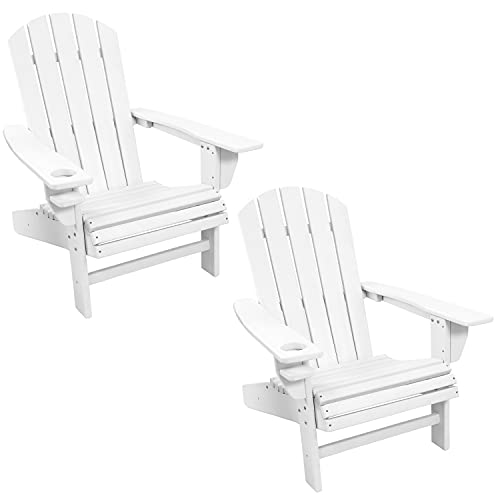 Sunnydaze All-Weather Outdoor Adirondack Chair with Drink Holder - Heavy Duty HDPE Weatherproof Patio Chair - Ideal for Lawn, Garden or Around The Firepit - White - Set of 2