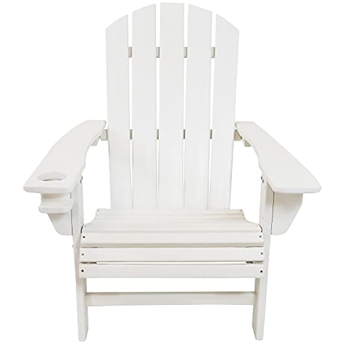 Sunnydaze All-Weather Outdoor Adirondack Chair with Drink Holder - Heavy Duty HDPE Weatherproof Patio Chair - Ideal for Lawn, Garden or Around The Firepit - White - Set of 2