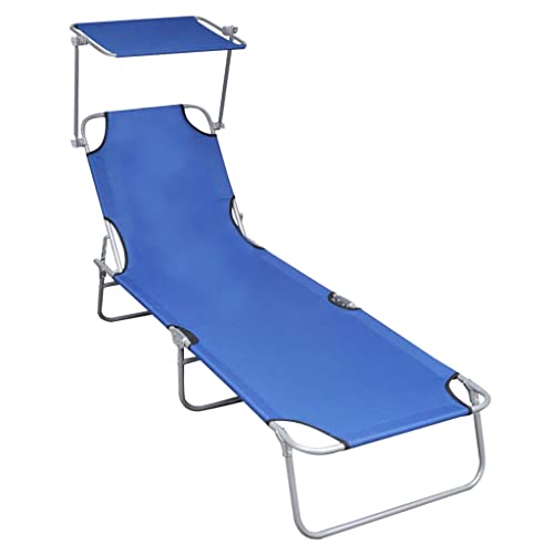 ZQQLVOO Folding Sun Lounger, Foldable Patio Lounge Chair, Outdoor Lounge Chair with Adjustable Awning for Beach, Pool, Terrace, Balcony, Lawn, Easy to Transport, with Canopy Blue Aluminum