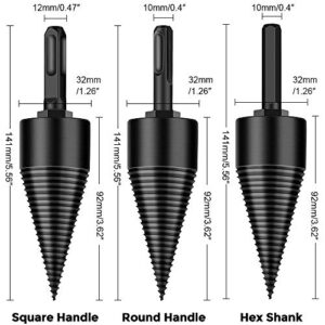 Firewood Log Splitter Drill Bit, 5pcs Removable Cones Kindling Wood Splitting logs bits, 32MM + 42MM Heavy Duty Electric Drills Screw Cone Driver with Round + Hex + Square Shank for Hand Drill Stick