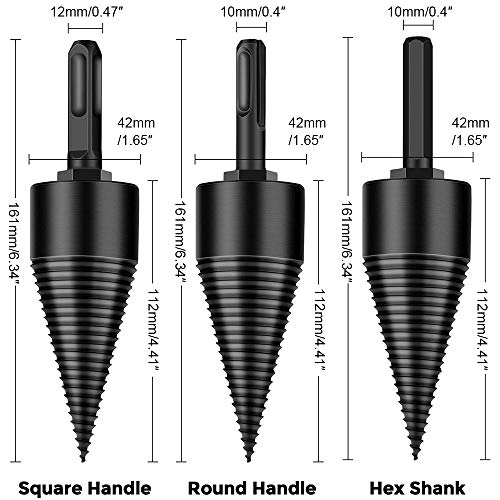 Firewood Log Splitter Drill Bit, 5pcs Removable Cones Kindling Wood Splitting logs bits, 32MM + 42MM Heavy Duty Electric Drills Screw Cone Driver with Round + Hex + Square Shank for Hand Drill Stick