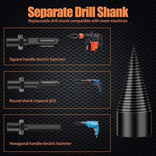 Firewood Log Splitter Drill Bit, 5pcs Removable Cones Kindling Wood Splitting logs bits, 32MM + 42MM Heavy Duty Electric Drills Screw Cone Driver with Round + Hex + Square Shank for Hand Drill Stick