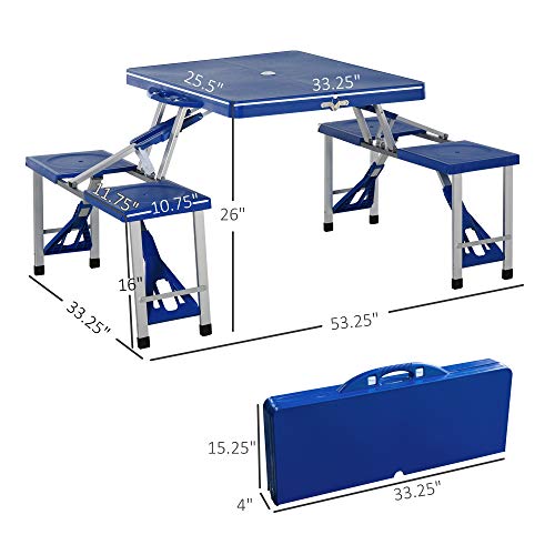 Outsunny Portable Foldable Camping Picnic Table Set with Four Chairs and Umbrella Hole, 4-Seats Aluminum Fold Up Travel Picnic Table, Blue