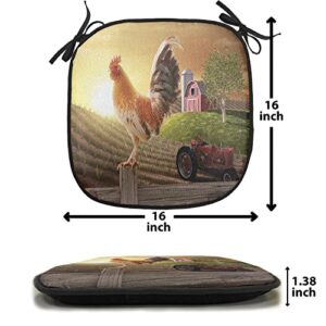 Lunarable Country Chair Cushion Pads Set of 4, Farm Barn Yard Image Rooster Animal Early Bird Nature and Rising Sun Print, Seat Padding for Office with Anti-Slip Backing, 16"x16", Pale Brown Red