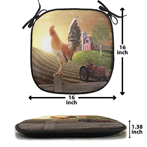 Lunarable Country Chair Cushion Pads Set of 4, Farm Barn Yard Image Rooster Animal Early Bird Nature and Rising Sun Print, Seat Padding for Office with Anti-Slip Backing, 16"x16", Pale Brown Red