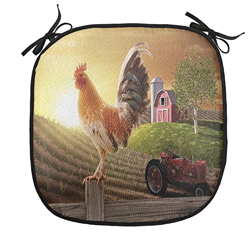 Lunarable Country Chair Cushion Pads Set of 4, Farm Barn Yard Image Rooster Animal Early Bird Nature and Rising Sun Print, Seat Padding for Office with Anti-Slip Backing, 16"x16", Pale Brown Red