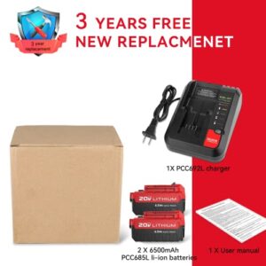 2 Pack 6.5Ah 20V PCC685L Battery Replacement for Porter Cable 20V Battery & PCC692L Charger Combo Compatible with Porter Cable 20 Volt Lithium Batteries PCC680L PCC681L PCC682L PCC685L PCC660B PCC790B