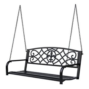 outsunny 2-person porch swing, hanging steel patio swing, outdoor swing bench with fleur-de-lis design for garden deck, 528 lbs weight capacity, black