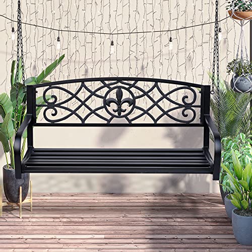 Outsunny 2-Person Porch Swing, Hanging Steel Patio Swing, Outdoor Swing Bench with Fleur-de-Lis Design for Garden Deck, 528 LBS Weight Capacity, Black