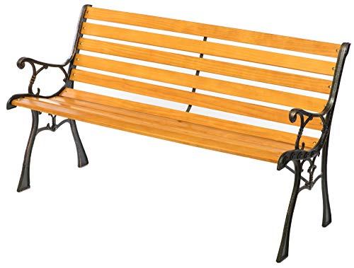 Gardenised Wooden Outdoor Park Patio Garden Yard Bench with Designed Steel Armrest and Legs, Black