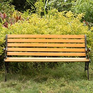 Gardenised Wooden Outdoor Park Patio Garden Yard Bench with Designed Steel Armrest and Legs, Black