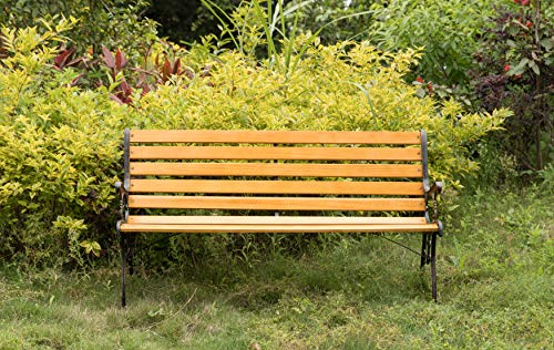 Gardenised Wooden Outdoor Park Patio Garden Yard Bench with Designed Steel Armrest and Legs, Black