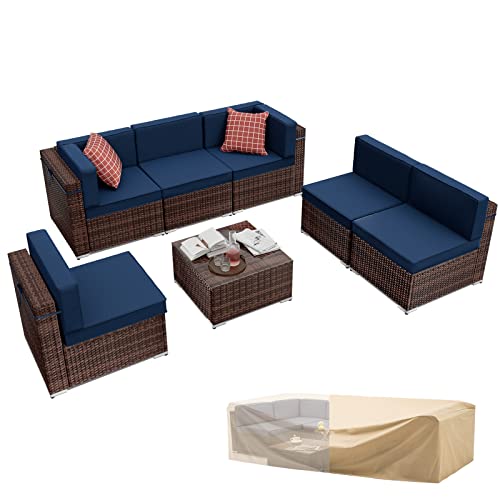 UDPATIO Outdoor Patio Furniture Sets 7 Pieces Outdoor Sectional Couch, PE Rattan Sofa Wicker Patio Conversation Sets with Cover for Yard Deck Balcony Poolside w/Coffee Table Thickened Cushions, Navy