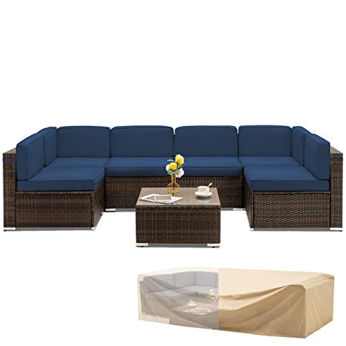 UDPATIO Outdoor Patio Furniture Sets 7 Pieces Outdoor Sectional Couch, PE Rattan Sofa Wicker Patio Conversation Sets with Cover for Yard Deck Balcony Poolside w/Coffee Table Thickened Cushions, Navy