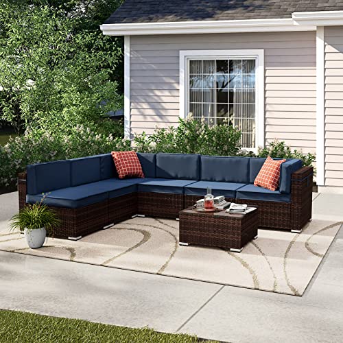 UDPATIO Outdoor Patio Furniture Sets 7 Pieces Outdoor Sectional Couch, PE Rattan Sofa Wicker Patio Conversation Sets with Cover for Yard Deck Balcony Poolside w/Coffee Table Thickened Cushions, Navy