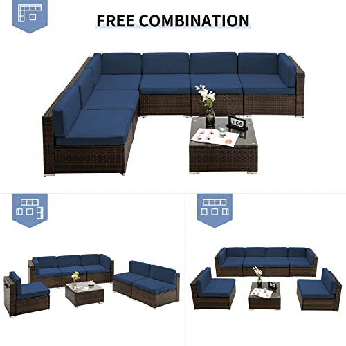 UDPATIO Outdoor Patio Furniture Sets 7 Pieces Outdoor Sectional Couch, PE Rattan Sofa Wicker Patio Conversation Sets with Cover for Yard Deck Balcony Poolside w/Coffee Table Thickened Cushions, Navy