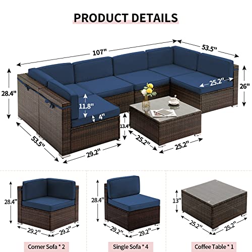 UDPATIO Outdoor Patio Furniture Sets 7 Pieces Outdoor Sectional Couch, PE Rattan Sofa Wicker Patio Conversation Sets with Cover for Yard Deck Balcony Poolside w/Coffee Table Thickened Cushions, Navy