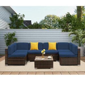 UDPATIO Outdoor Patio Furniture Sets 7 Pieces Outdoor Sectional Couch, PE Rattan Sofa Wicker Patio Conversation Sets with Cover for Yard Deck Balcony Poolside w/Coffee Table Thickened Cushions, Navy