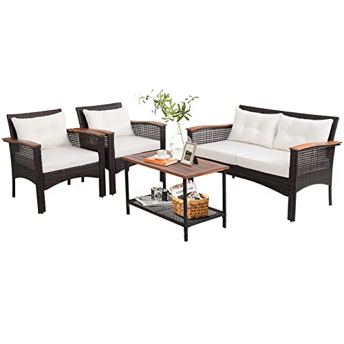 Tangkula 4-Piece Patio Furniture Set, Patiojoy Acacia Wood Outdoor PE Wicker Conversation Set with Cushions, PE Rattan Sectional Sofa Set for Lawn, Porch, Poolside, Backyard (Off White)