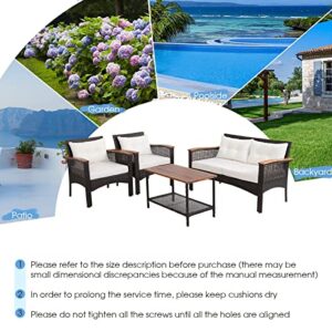 Tangkula 4-Piece Patio Furniture Set, Patiojoy Acacia Wood Outdoor PE Wicker Conversation Set with Cushions, PE Rattan Sectional Sofa Set for Lawn, Porch, Poolside, Backyard (Off White)