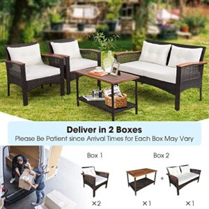 Tangkula 4-Piece Patio Furniture Set, Patiojoy Acacia Wood Outdoor PE Wicker Conversation Set with Cushions, PE Rattan Sectional Sofa Set for Lawn, Porch, Poolside, Backyard (Off White)