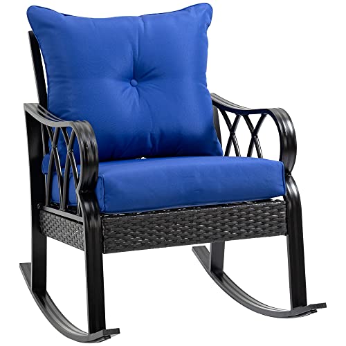 Outsunny Outdoor Wicker Rocking Chair with Padded Cushions, Aluminum Furniture Rattan Porch Rocker Chair w/Armrest for Garden, Patio, and Backyard, Blue