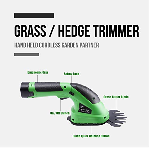 Lichamp 2-in-1 Electric Hand Held Grass Shear Hedge Trimmer Shrubbery Clipper Cordless Battery Powered Rechargeable for Garden and Lawn, CGS-7201 7.2V Grass Green