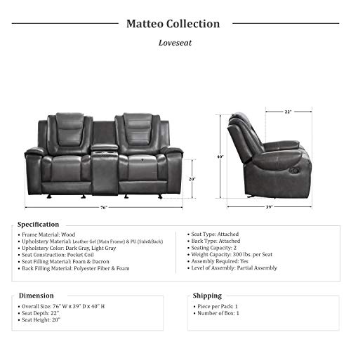 Lexicon Matteo Double Glider Reclining Loveseat, Two-Tone Gray