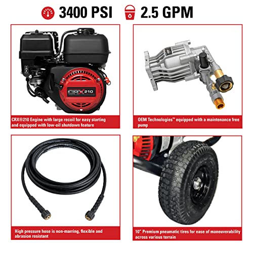 SIMPSON Cleaning CM61083 Clean Machine 3400 PSI Gas Pressure Washer, 2.5 GPM, CRX Engine, Includes Spray Gun and Wand, 4 QC Nozzle Tips, 5/16-in. x 25-ft. MorFlex Hose