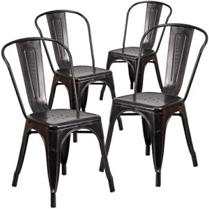 flash furniture commercial grade 4 pack black-antique gold metal indoor-outdoor stackable chair