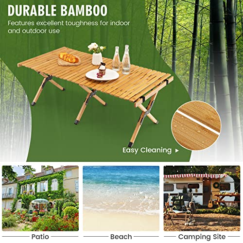 COSTWAY Folding Picnic Table, Portable 4ft Roll Up Camping Table with Storage Bag, for 4-6 People, Low Height Foldable Bamboo Bench Table, for Indoor & Outdoor Party, BBQ and Hiking(Natural)