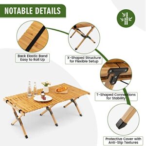 COSTWAY Folding Picnic Table, Portable 4ft Roll Up Camping Table with Storage Bag, for 4-6 People, Low Height Foldable Bamboo Bench Table, for Indoor & Outdoor Party, BBQ and Hiking(Natural)