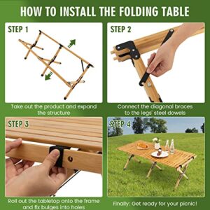 COSTWAY Folding Picnic Table, Portable 4ft Roll Up Camping Table with Storage Bag, for 4-6 People, Low Height Foldable Bamboo Bench Table, for Indoor & Outdoor Party, BBQ and Hiking(Natural)