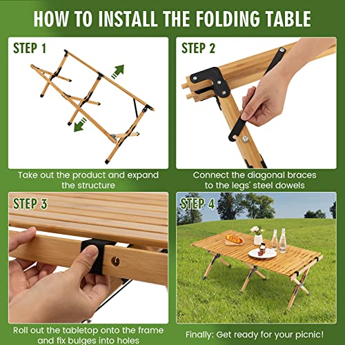 COSTWAY Folding Picnic Table, Portable 4ft Roll Up Camping Table with Storage Bag, for 4-6 People, Low Height Foldable Bamboo Bench Table, for Indoor & Outdoor Party, BBQ and Hiking(Natural)