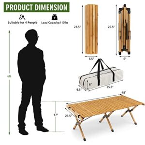 COSTWAY Folding Picnic Table, Portable 4ft Roll Up Camping Table with Storage Bag, for 4-6 People, Low Height Foldable Bamboo Bench Table, for Indoor & Outdoor Party, BBQ and Hiking(Natural)