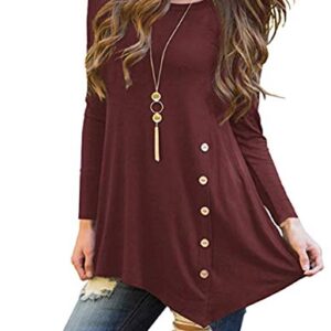 Miskely Women's Long Sleeve Casual Scoop Neck Tees Button Side Shirt Blouse Tunic Top (XL,Wine)