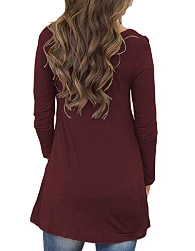 Miskely Women's Long Sleeve Casual Scoop Neck Tees Button Side Shirt Blouse Tunic Top (XL,Wine)