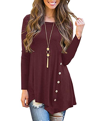 Miskely Women's Long Sleeve Casual Scoop Neck Tees Button Side Shirt Blouse Tunic Top (XL,Wine)