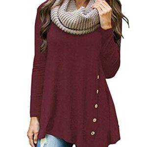 Miskely Women's Long Sleeve Casual Scoop Neck Tees Button Side Shirt Blouse Tunic Top (XL,Wine)