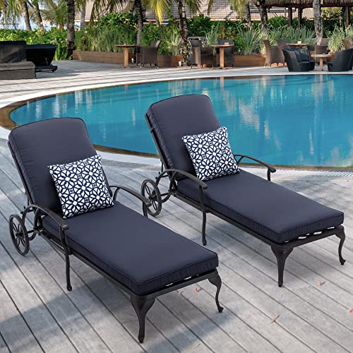 Villeston Lounge Chairs for Outside, Chaise Lounges Outdoor Pool Chair Set of 2 Cast Aluminum Patio Furniture Tanning with Navy Cushion and Pillows Recliner