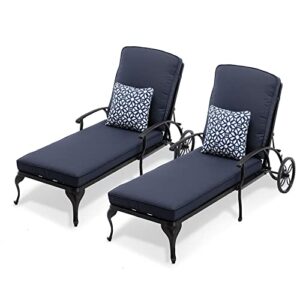 Villeston Lounge Chairs for Outside, Chaise Lounges Outdoor Pool Chair Set of 2 Cast Aluminum Patio Furniture Tanning with Navy Cushion and Pillows Recliner