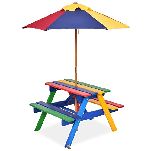 gotoplay Kids Picnic Table Set w/Removable & Foldable Umbrella, Outside Table Set with Benches, Wooden Table and Bench Set for Toddler Boys Girls (Colorful)