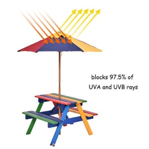 gotoplay Kids Picnic Table Set w/Removable & Foldable Umbrella, Outside Table Set with Benches, Wooden Table and Bench Set for Toddler Boys Girls (Colorful)