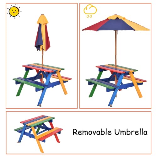 gotoplay Kids Picnic Table Set w/Removable & Foldable Umbrella, Outside Table Set with Benches, Wooden Table and Bench Set for Toddler Boys Girls (Colorful)