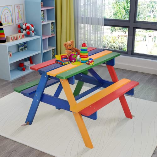 gotoplay Kids Picnic Table Set w/Removable & Foldable Umbrella, Outside Table Set with Benches, Wooden Table and Bench Set for Toddler Boys Girls (Colorful)