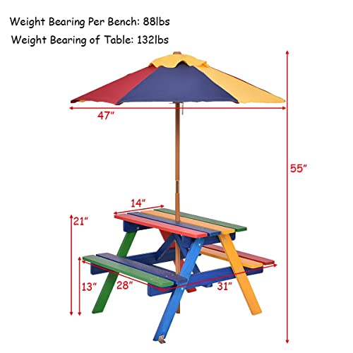 gotoplay Kids Picnic Table Set w/Removable & Foldable Umbrella, Outside Table Set with Benches, Wooden Table and Bench Set for Toddler Boys Girls (Colorful)