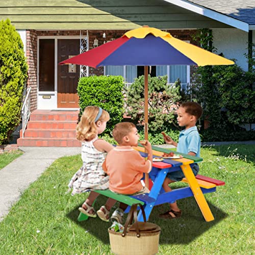 gotoplay Kids Picnic Table Set w/Removable & Foldable Umbrella, Outside Table Set with Benches, Wooden Table and Bench Set for Toddler Boys Girls (Colorful)